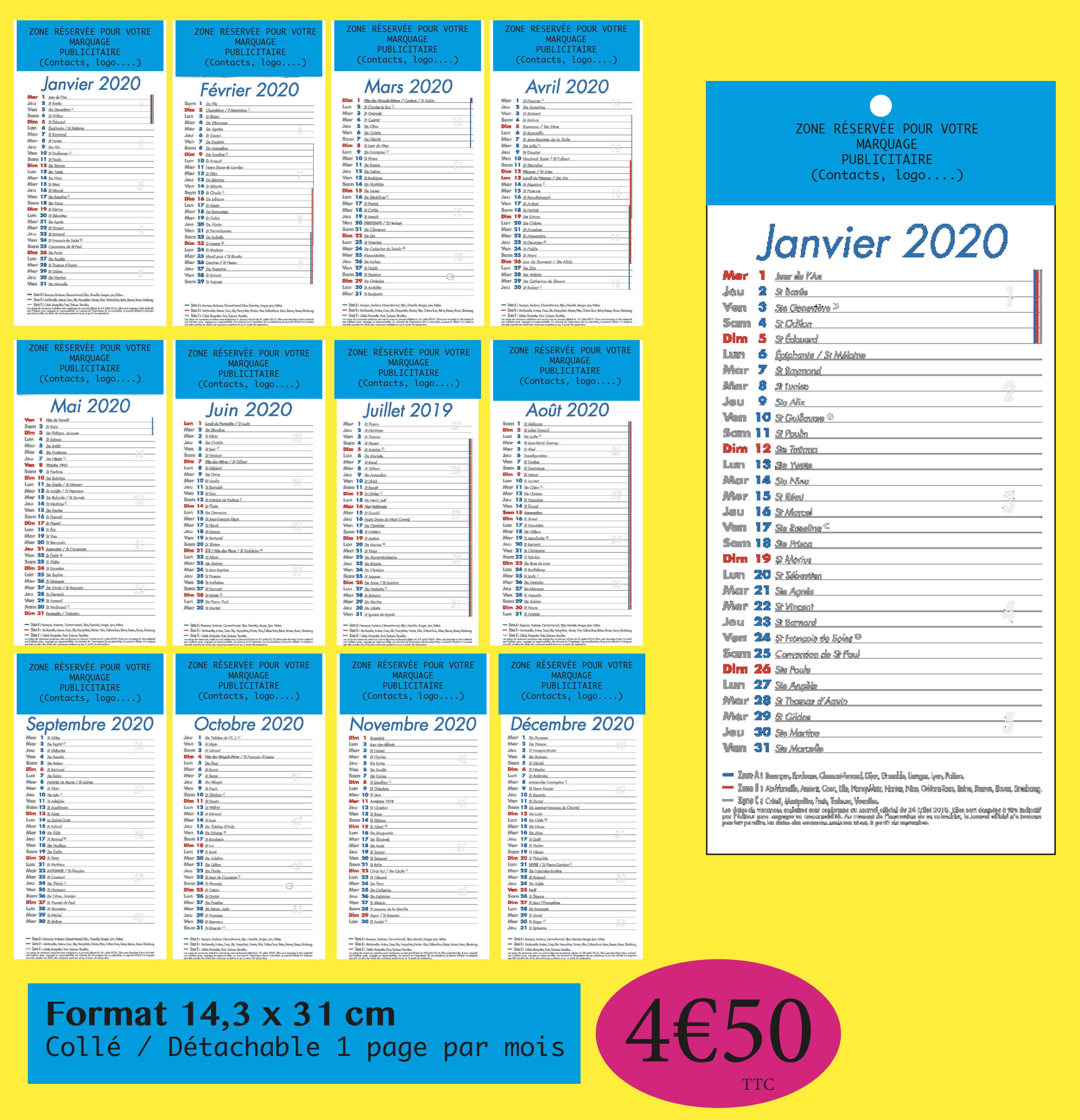 Calendrier bloc mensuel à feuillets année civile | T'imprim